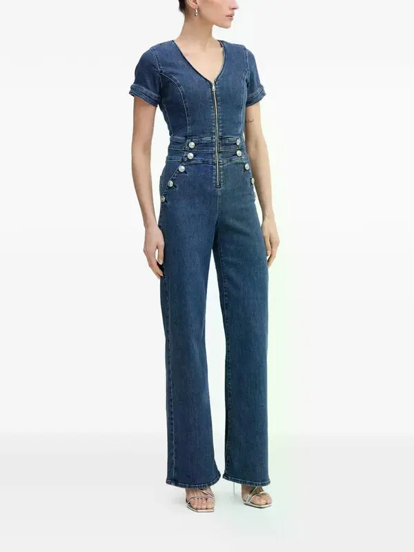 Guess Denim Jumpsuit With Zip Front And Button Embellishments