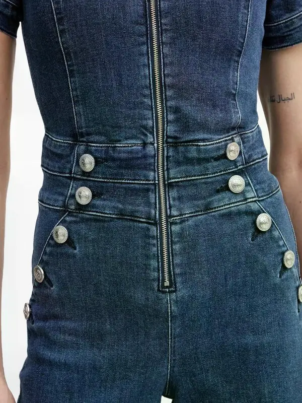 Guess Denim Jumpsuit With Zip Front And Button Embellishments