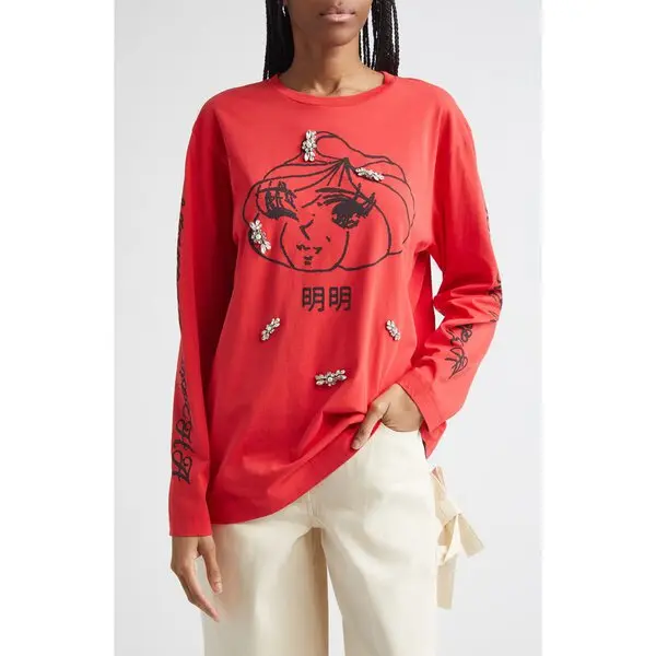 Simone Rocha Dim Sum Logo Long Sleeve Cotton Graphic T-shirt - Red/black/pearl
