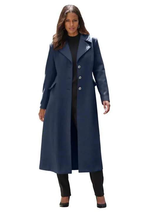 Roaman's Long Tailored Wool Blend Overcoat - Navy