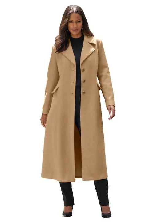 Roaman's Long Tailored Wool Blend Overcoat - Soft Camel