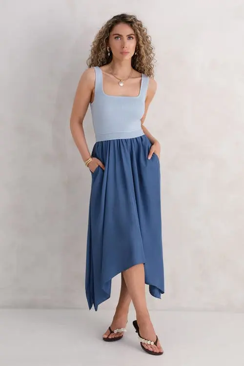 KADA Mixed Media Fit-and-flare Dress - Hydrangea Blue