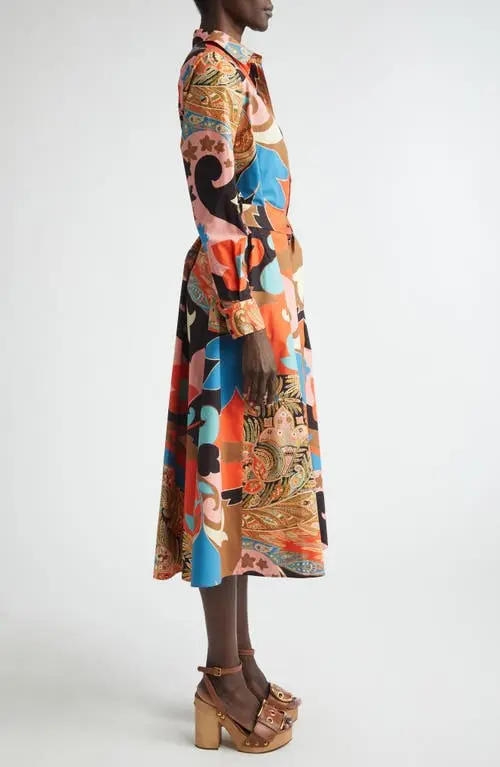 Etro Paisley Lotus Print Long Sleeve Midi Shirtdress - Red