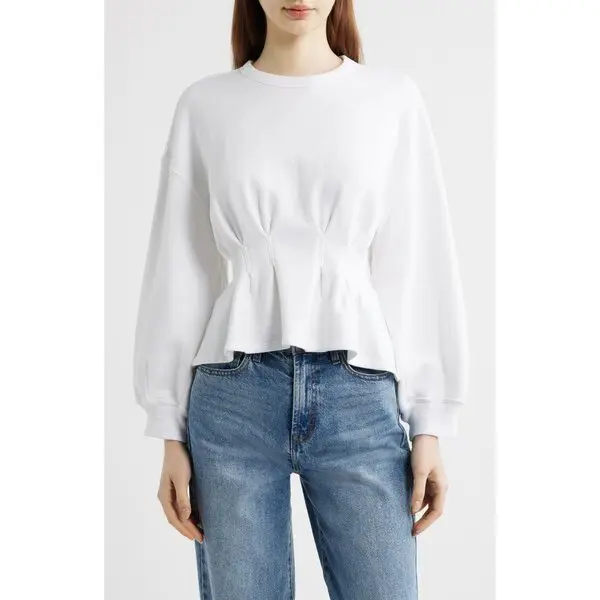 The Great. Slouchy Cotton Corset Peplum Sweatshirt - True White