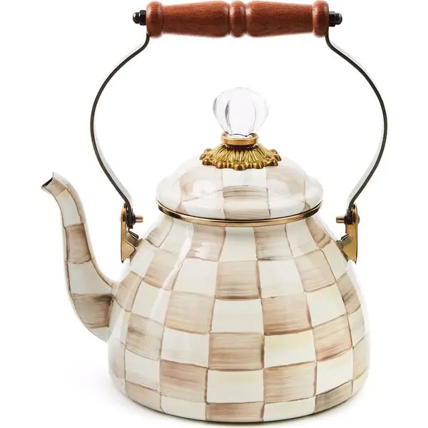 MACKENZIE-CHILDS Check Enameled Steel 2-quart Tea Kettle - Mocha