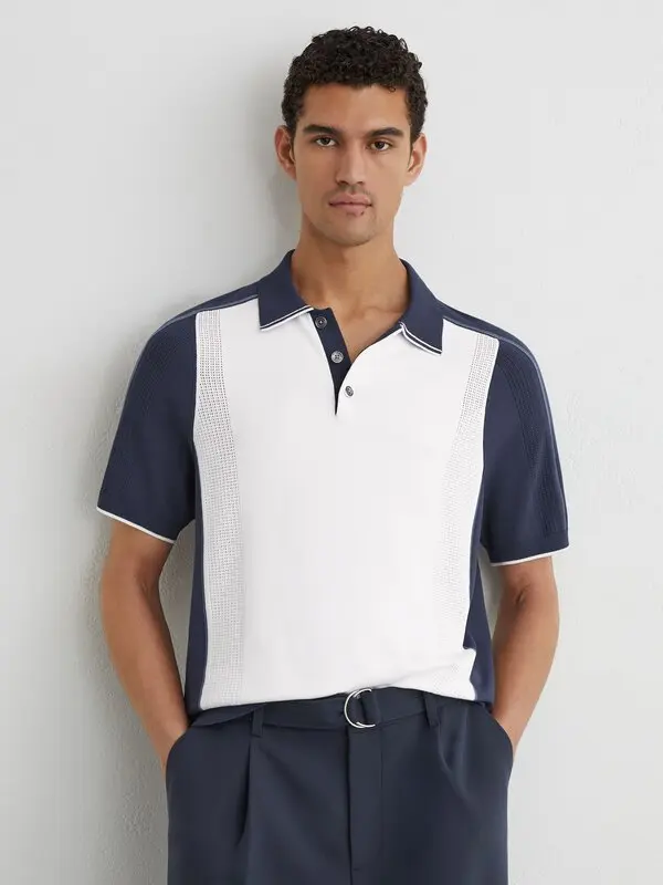 REISS Claremont Colour-block Knitted Polo Shirt - White/airforce Blue