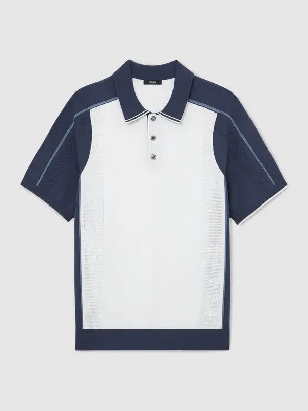 REISS Claremont Colour-block Knitted Polo Shirt - White/airforce Blue