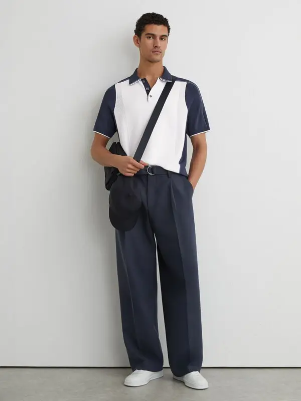 REISS Claremont Colour-block Knitted Polo Shirt - White/airforce Blue