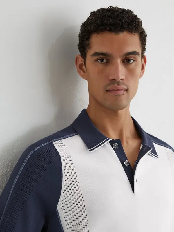 REISS Claremont Colour-block Knitted Polo Shirt - White/airforce Blue