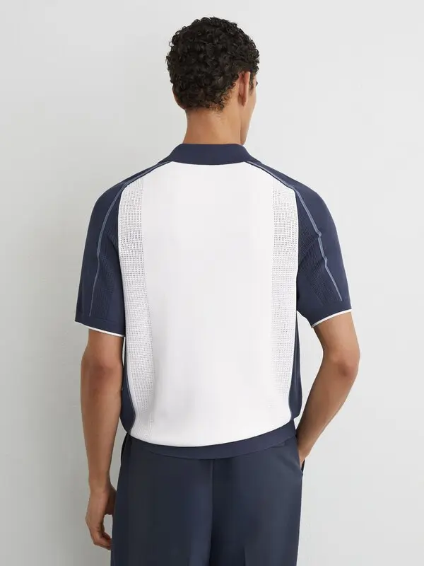 REISS Claremont Colour-block Knitted Polo Shirt - White/airforce Blue