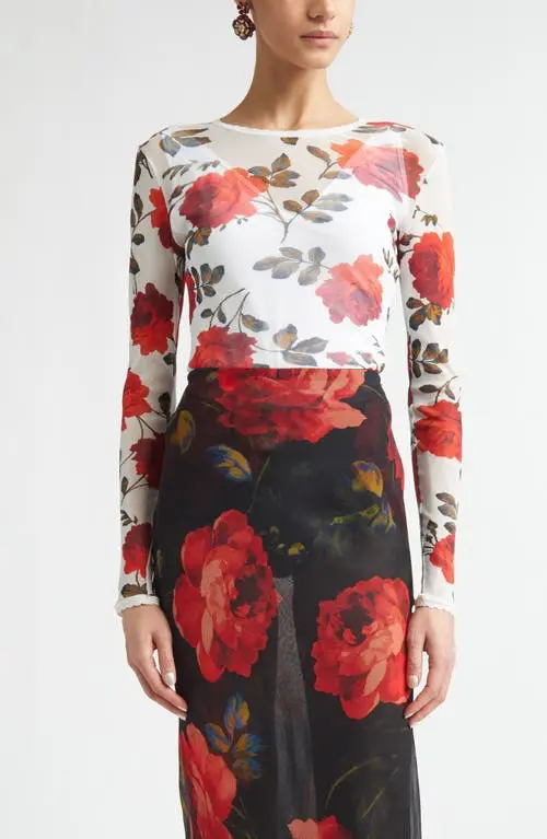 Carolina Herrera Rose Print Silk Mesh Top - Ivory Multi