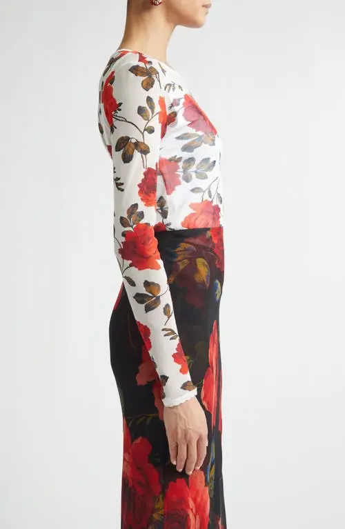 Carolina Herrera Rose Print Silk Mesh Top - Ivory Multi