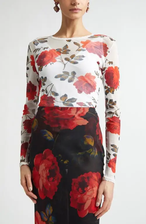 Carolina Herrera Rose Print Silk Mesh Top - Ivory Multi