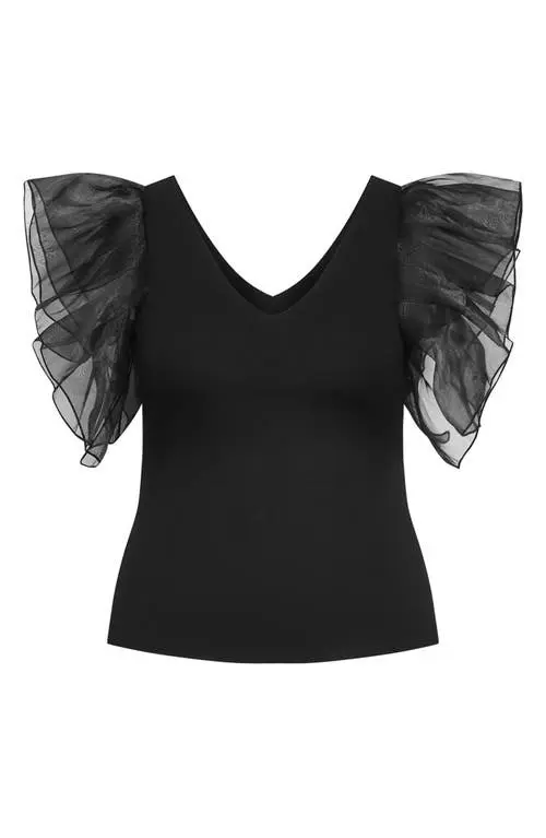 City Chic Sierra Mixed Media Flutter Sleeve Top