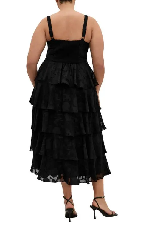 City Chic Daniela Tiered Ruffle Midi Dress - Black