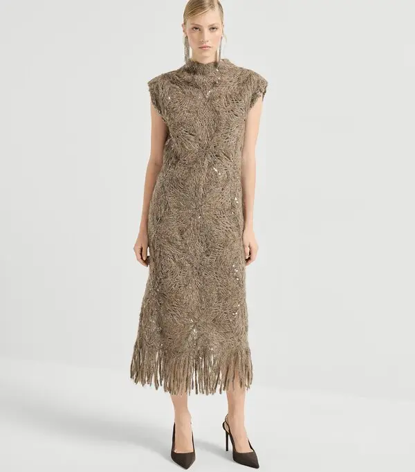 Brunello Cucinelli Mohair-blend Embellished Midi Dress