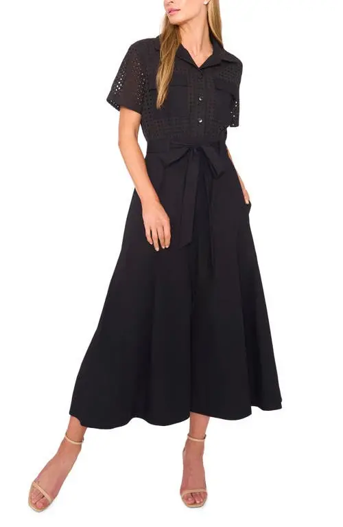 Halogen Eyelet Embroidery Midi Shirtdress - Rich Black 060