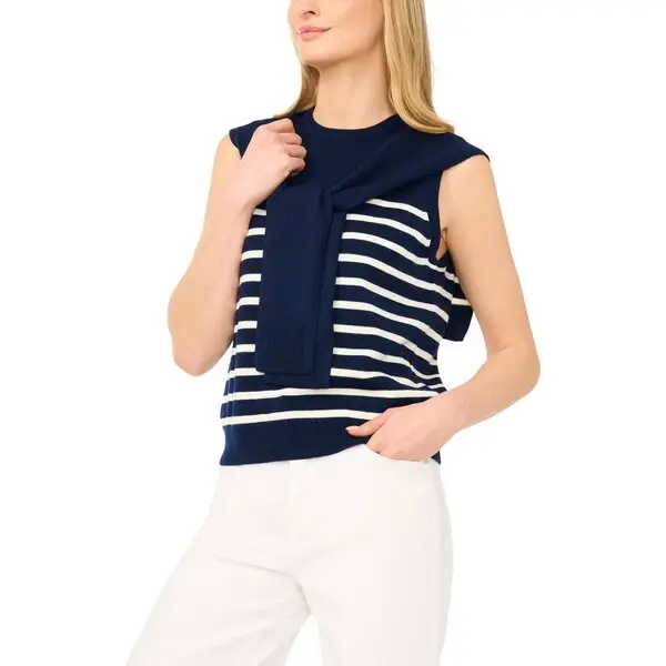 Halogen Stripe Front Tie Sleeveless Sweater - Classic Navy