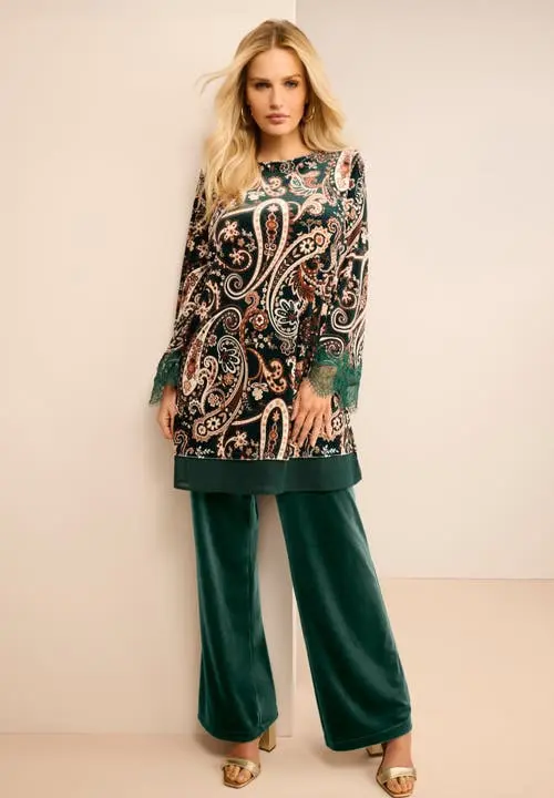 Roaman's Velour Wide Leg Pants - Emerald Green
