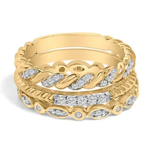HAUS OF BRILLIANCE 14k Yellow Gold Plated Sterling Silver Diamond Twist Leaf Stackable Ring Set - Yellow Gold Over Silver