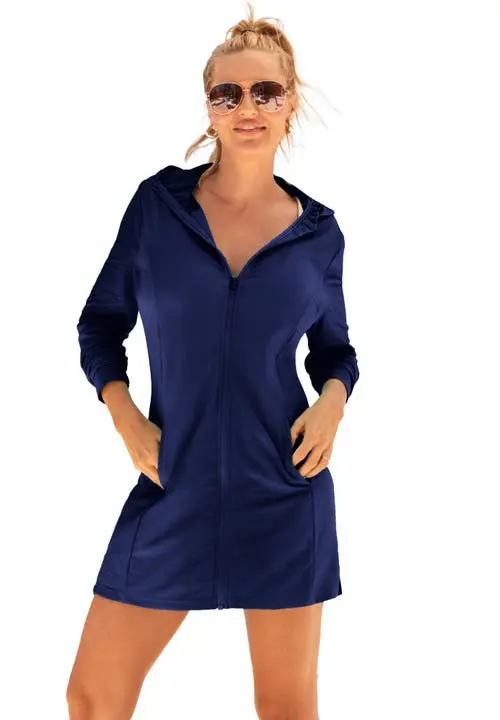 SWIMSUITS FOR ALL Chlorine Resistant Quick-dry Hoodie Zip Front Cover Up - Navy