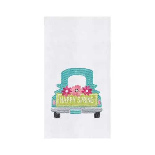 C&F HOME Happy Spring" Pickup Truck Easter Spring Theme Flour Sack Kitchen Dishtowel - White