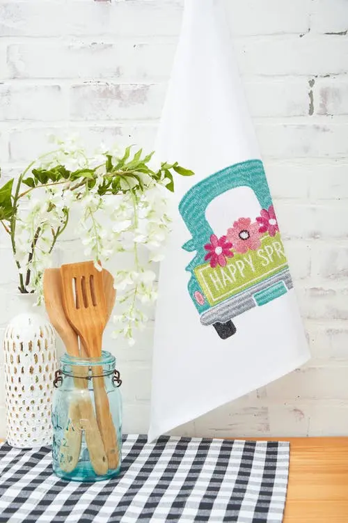 C&F HOME Happy Spring" Pickup Truck Easter Spring Theme Flour Sack Kitchen Dishtowel