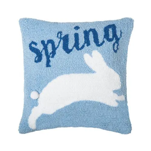 C&F HOME Spring" Jumping Easter Bunny Rabbit Hooked Accent Throw Pillow 16" X 16" - Blue