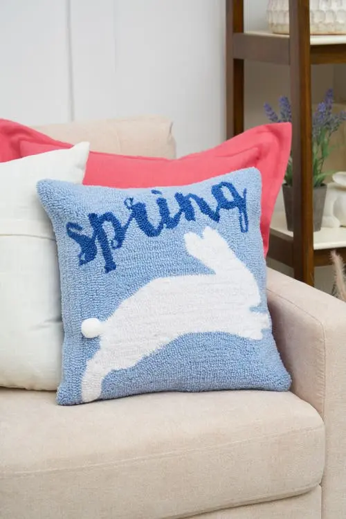 C&F HOME Spring" Jumping Easter Bunny Rabbit Hooked Accent Throw Pillow 16" X 16"