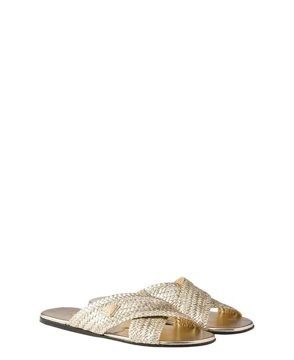 Prada Woven Crisscross Slides - Gold/silver