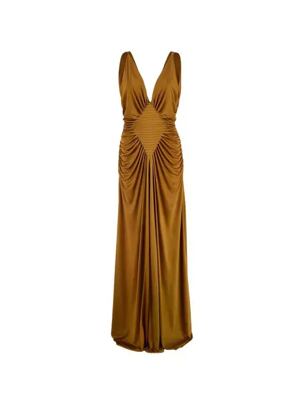 Versace Pleated V-neck Gown - Brown