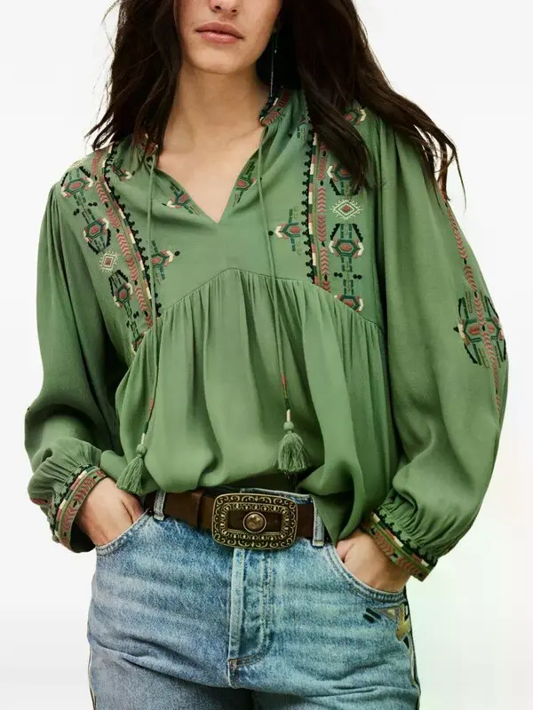 Ba&sh Tilt Embroidered V-neck Top - Green