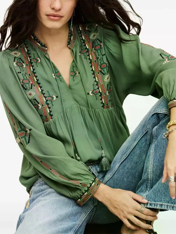 Ba&sh Tilt Embroidered V-neck Top - Green