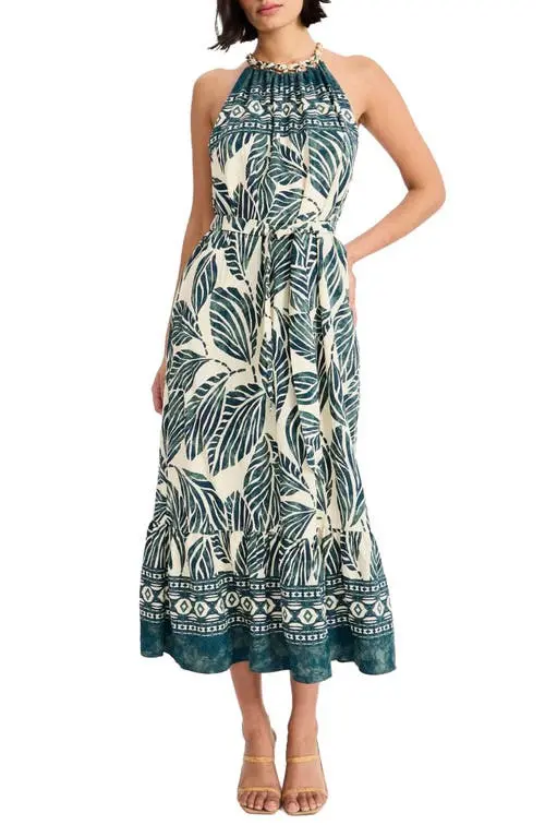 Maggy London Print Tie Back Sleeveless Midi Dress - Navy/green