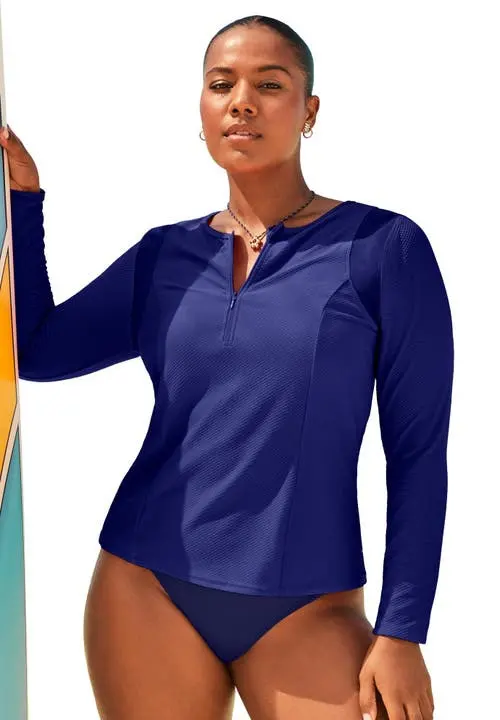 SWIMSUITS FOR ALL Chlorine Resistant Quick-dry 1/4 Zip Front Long Sleeve Swim Rash Guard - Deep Sea