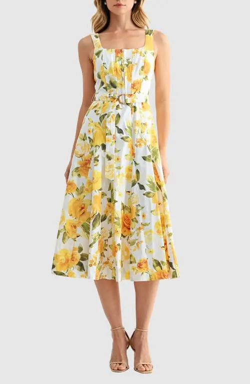 QUINCY MAE Belted Sleeveless Fit & Flare Midi Dress - Yellow Floral