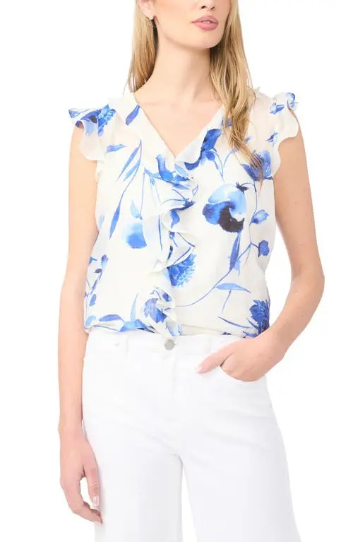 Halogen Floral Ruffle Trim Flutter Sleeve Top - Dazzling Blue