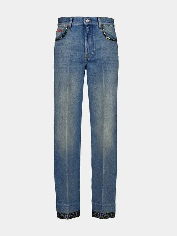 Valentino Garavani Medium Denim Trousers With Floral Detail - Blue