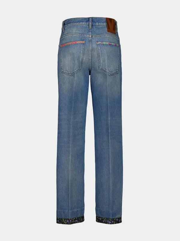 Valentino Garavani Medium Denim Trousers With Floral Detail - Blue