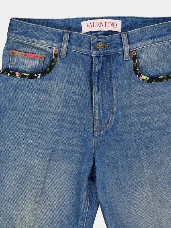 Valentino Garavani Medium Denim Trousers With Floral Detail - Blue
