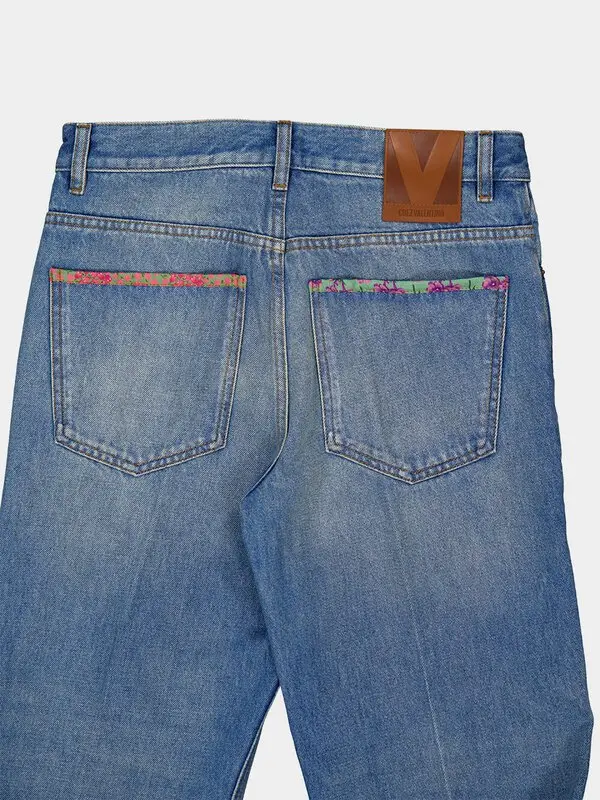 Valentino Garavani Medium Denim Trousers With Floral Detail - Blue