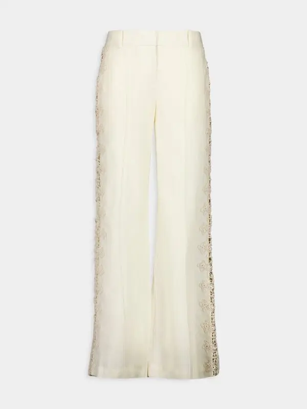 Zimmermann Flared Linen Trousers With Lace Inserts - Beige