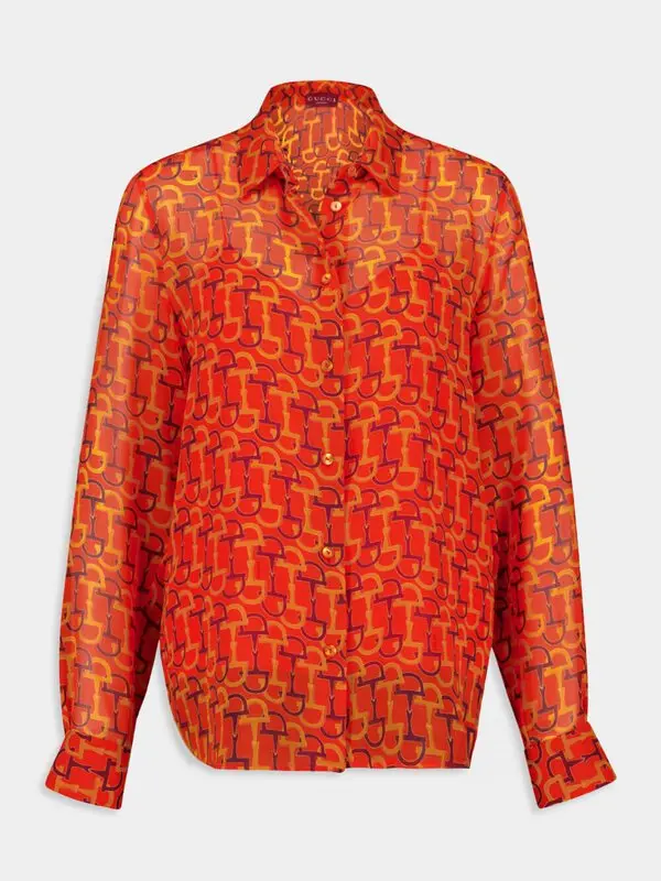 Gucci Printed Silk Shirt With Horsebit Motif - Orange