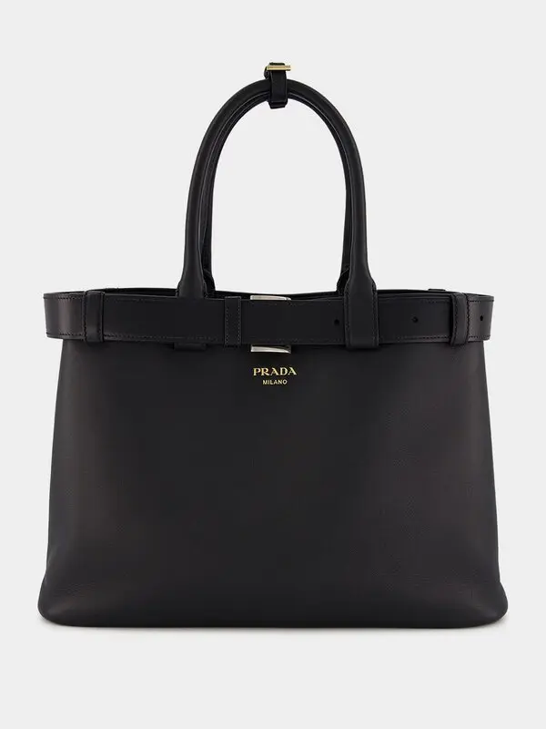 Prada Large Buckled Leather Handbag - Black