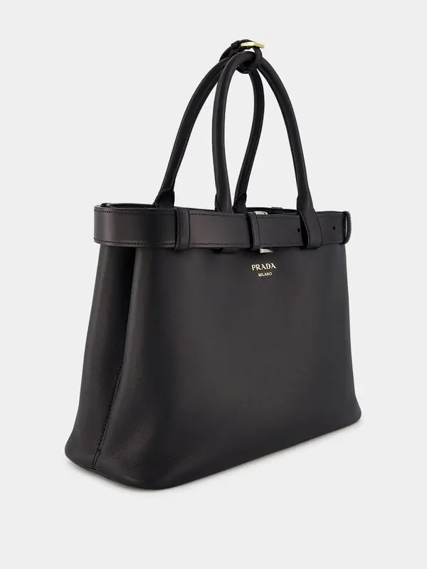 Prada Large Buckled Leather Handbag - Black