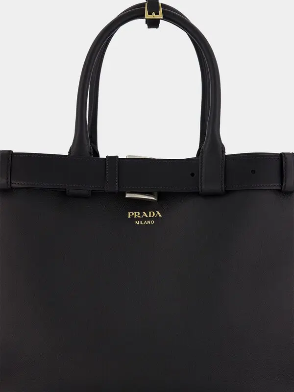 Prada Large Buckled Leather Handbag - Black