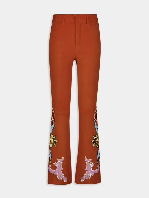 PAULA Capella Embroidered Suede Pants - Orange