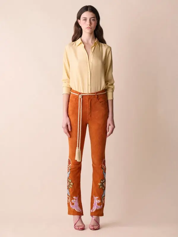 PAULA Capella Embroidered Suede Pants - Orange