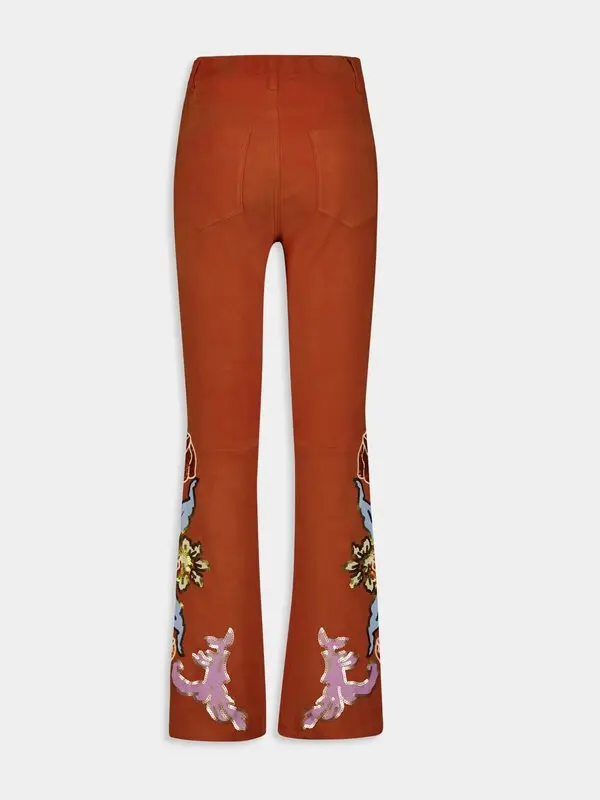 PAULA Capella Embroidered Suede Pants - Orange
