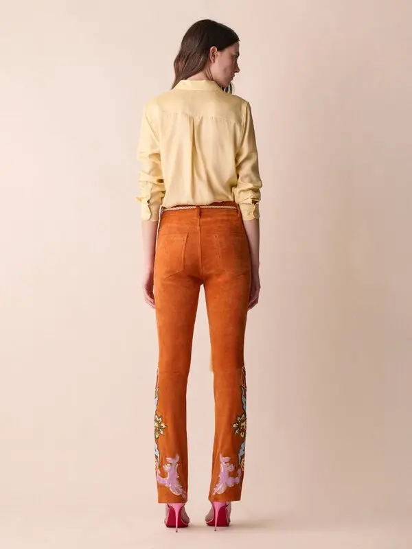 PAULA Capella Embroidered Suede Pants - Orange